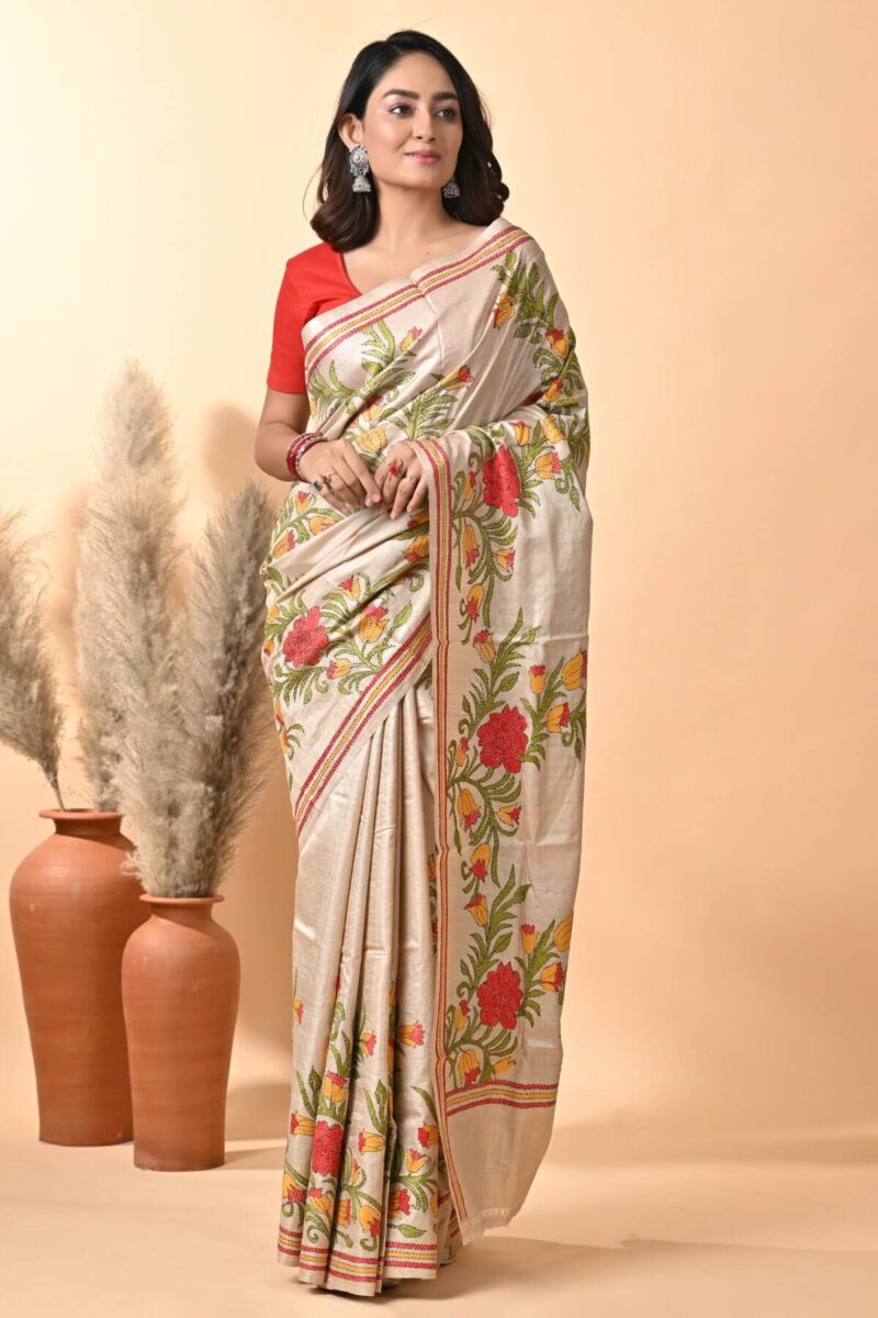 Off White Work Saree with Rose Motif | Hand Embroidered Elegance