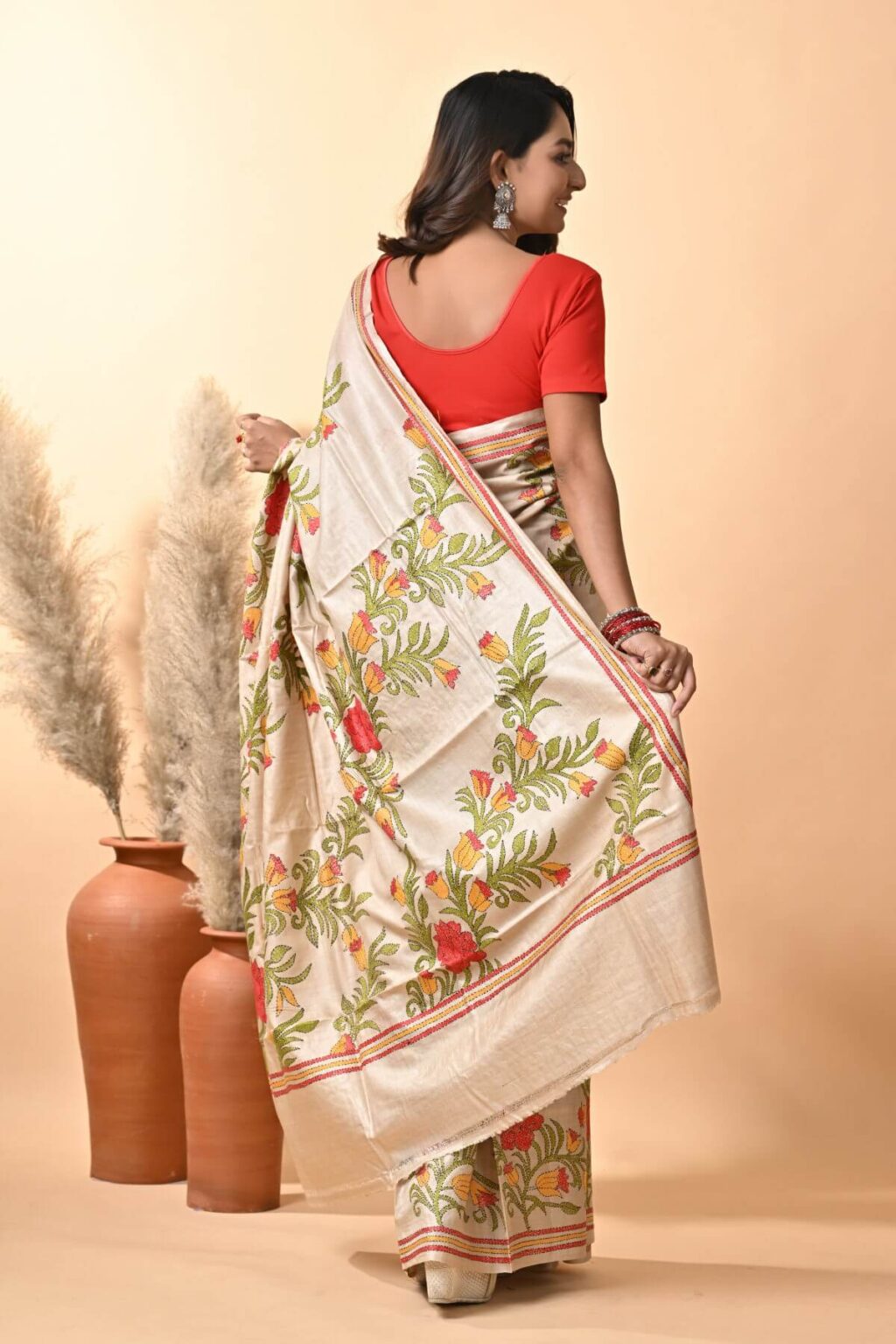 Off White Work Saree with Rose Motif | Hand Embroidered Elegance
