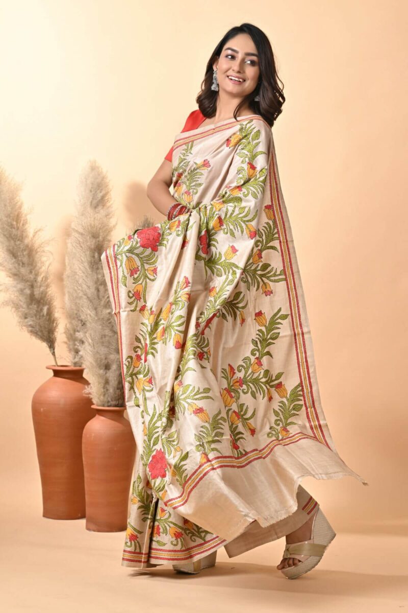 Off White Work Saree with Rose Motif | Hand Embroidered Elegance