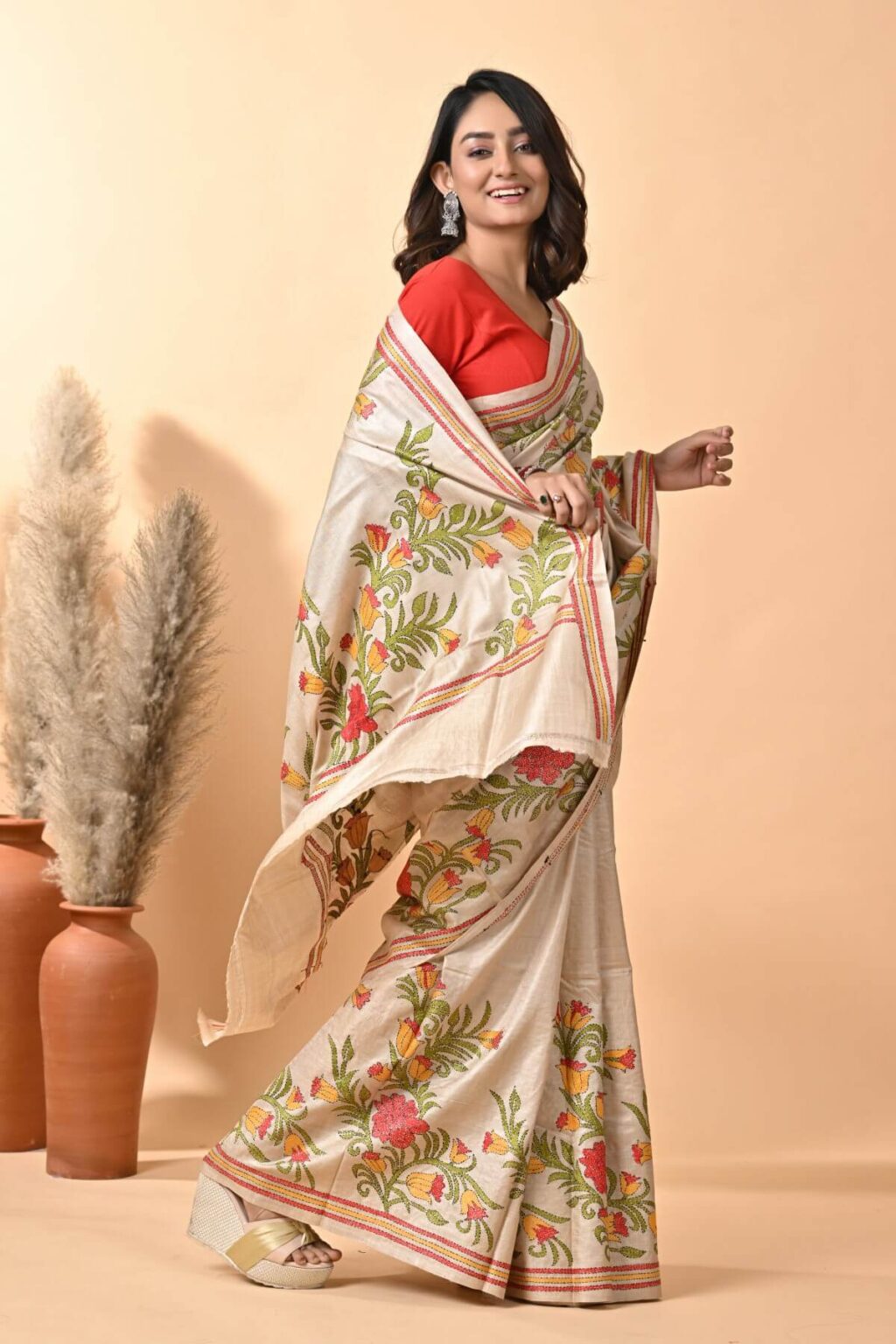 Off White Work Saree with Rose Motif | Hand Embroidered Elegance